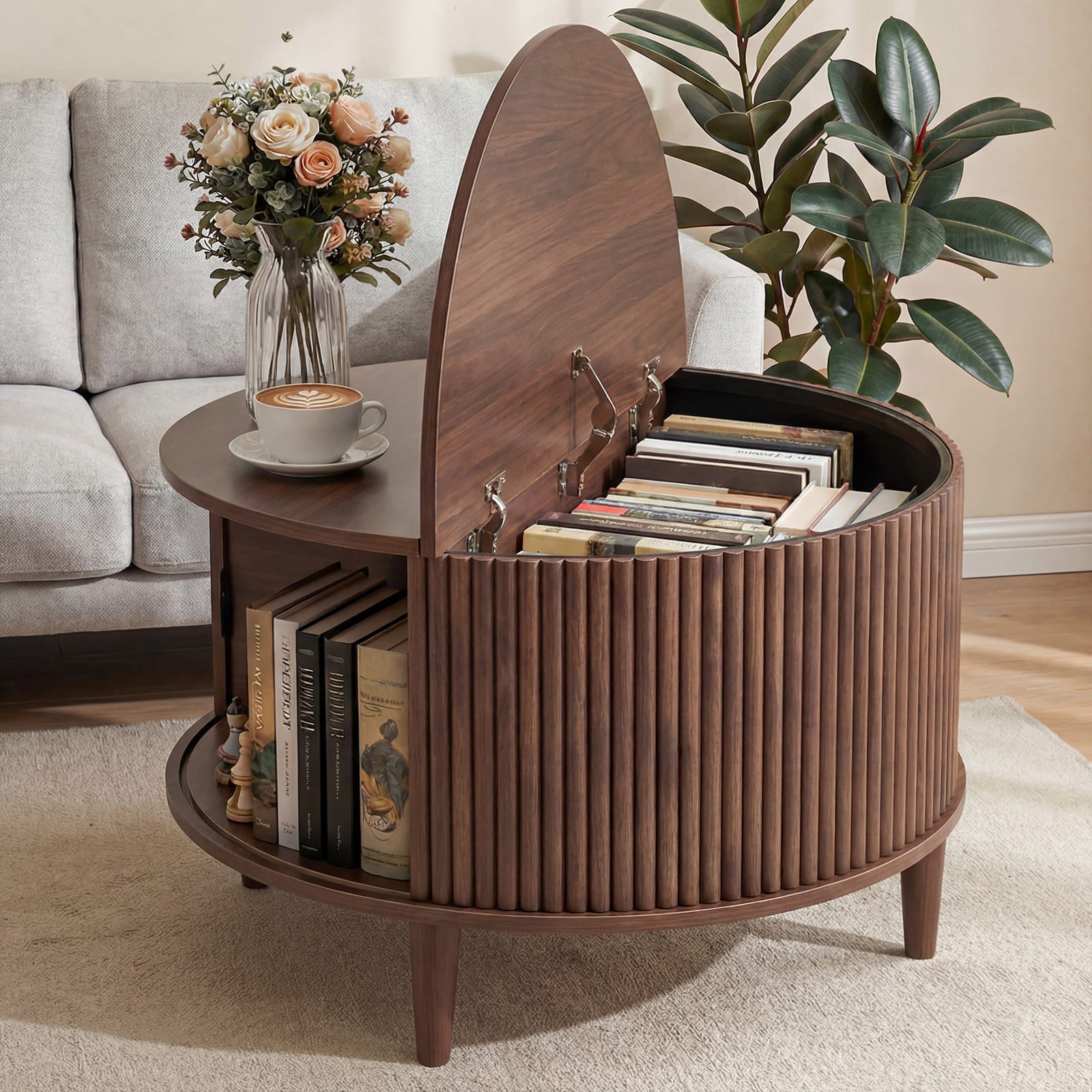 Sweetcrispy Round Flip-Top Coffee Table with Storage, Wood-Look Finish