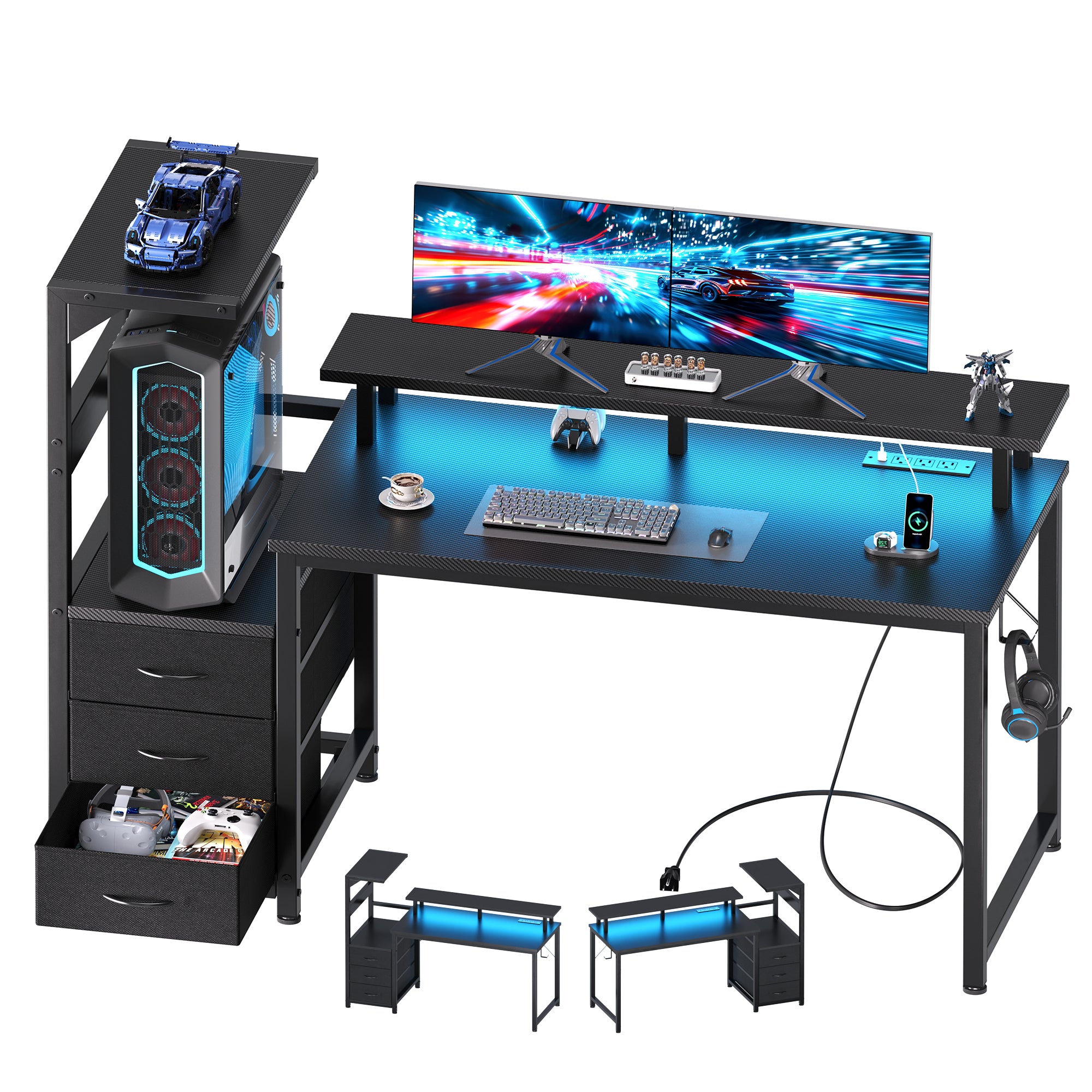 Sweetcrispy Computer Desk with Monitor Stand, 3 Drawers & LED Lights