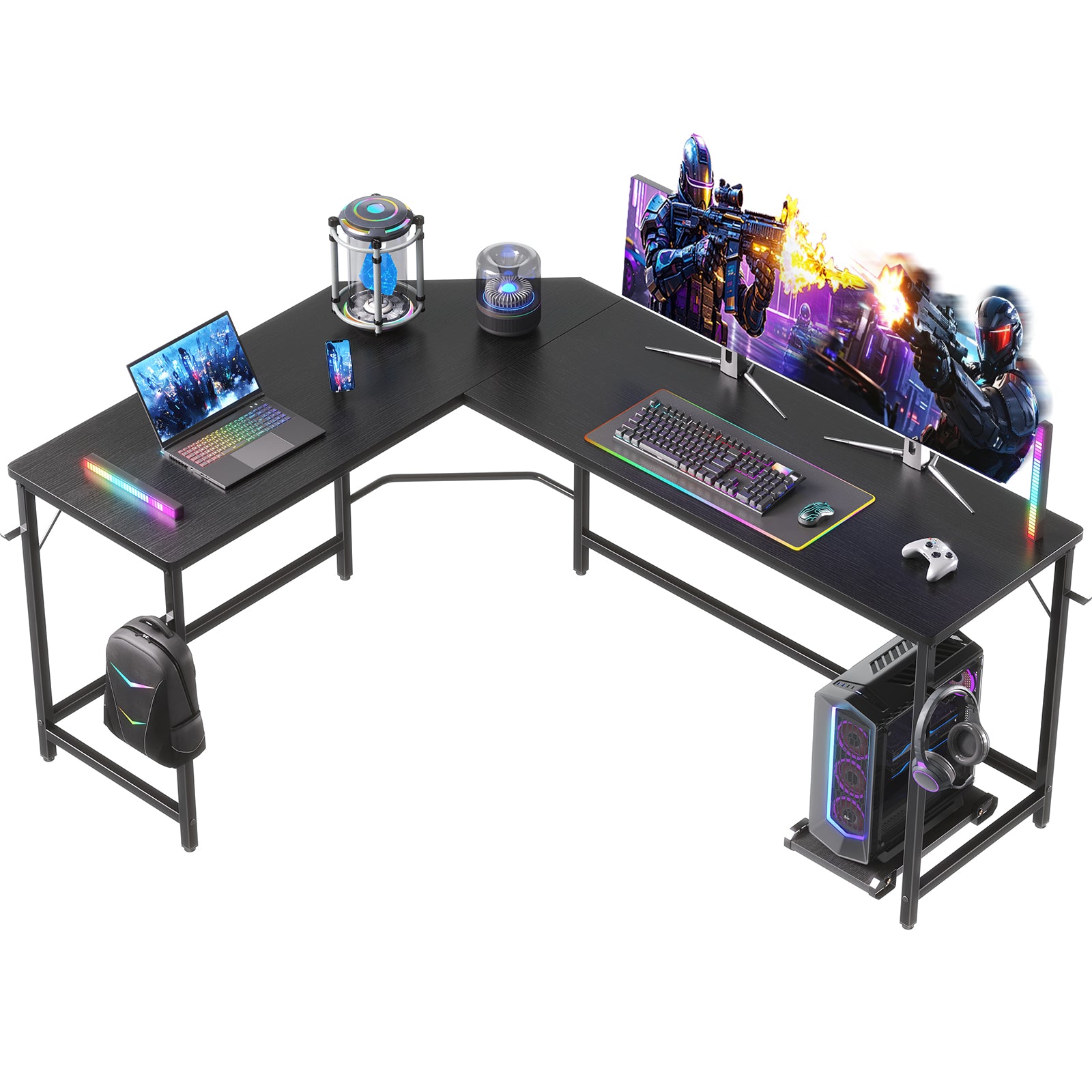 Sweetcrispy L-shaped Computer Desk with CPU Stand and Side Hooks