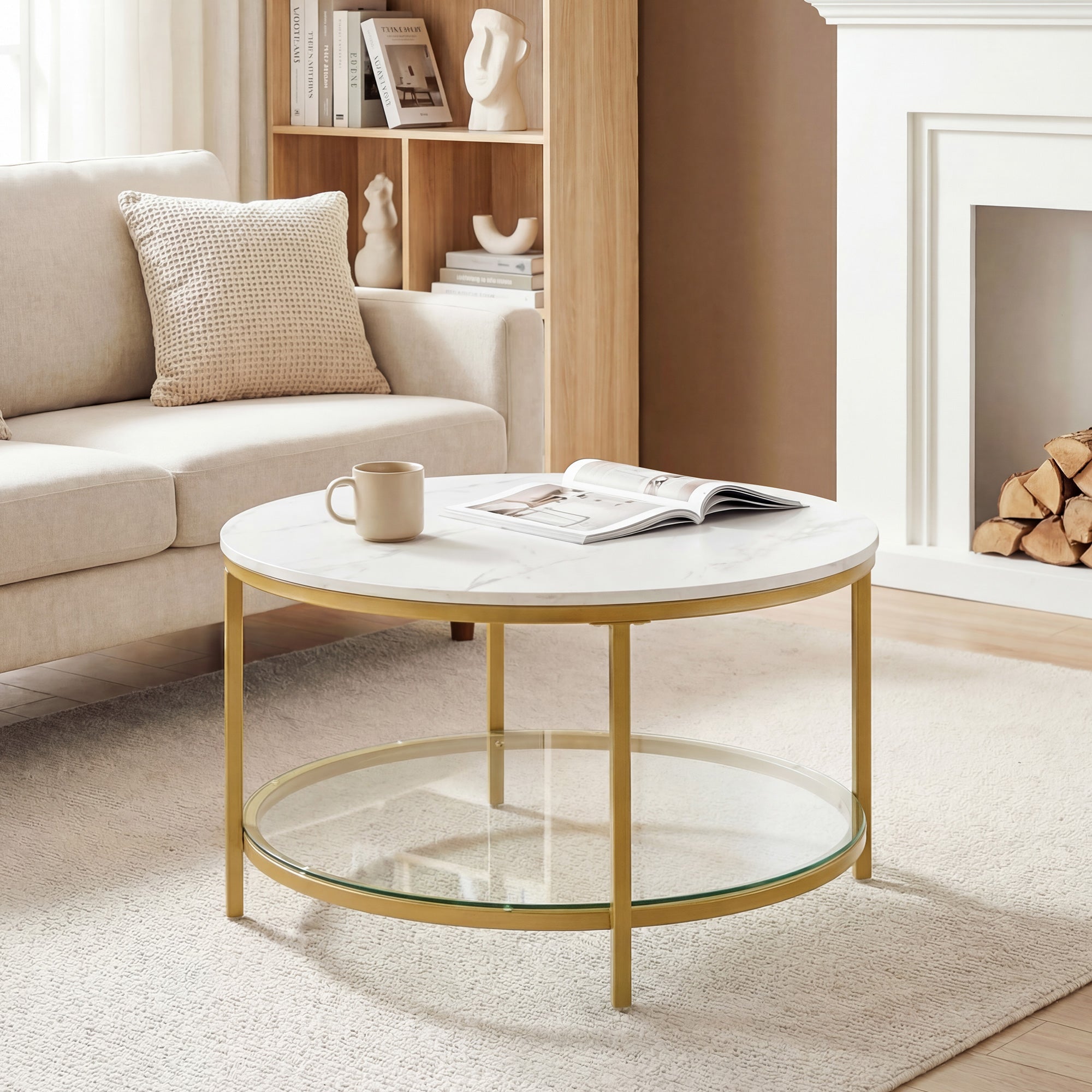 Sweetcrispy Round Coffee Table with Faux Marble Top & Glass Shelf for