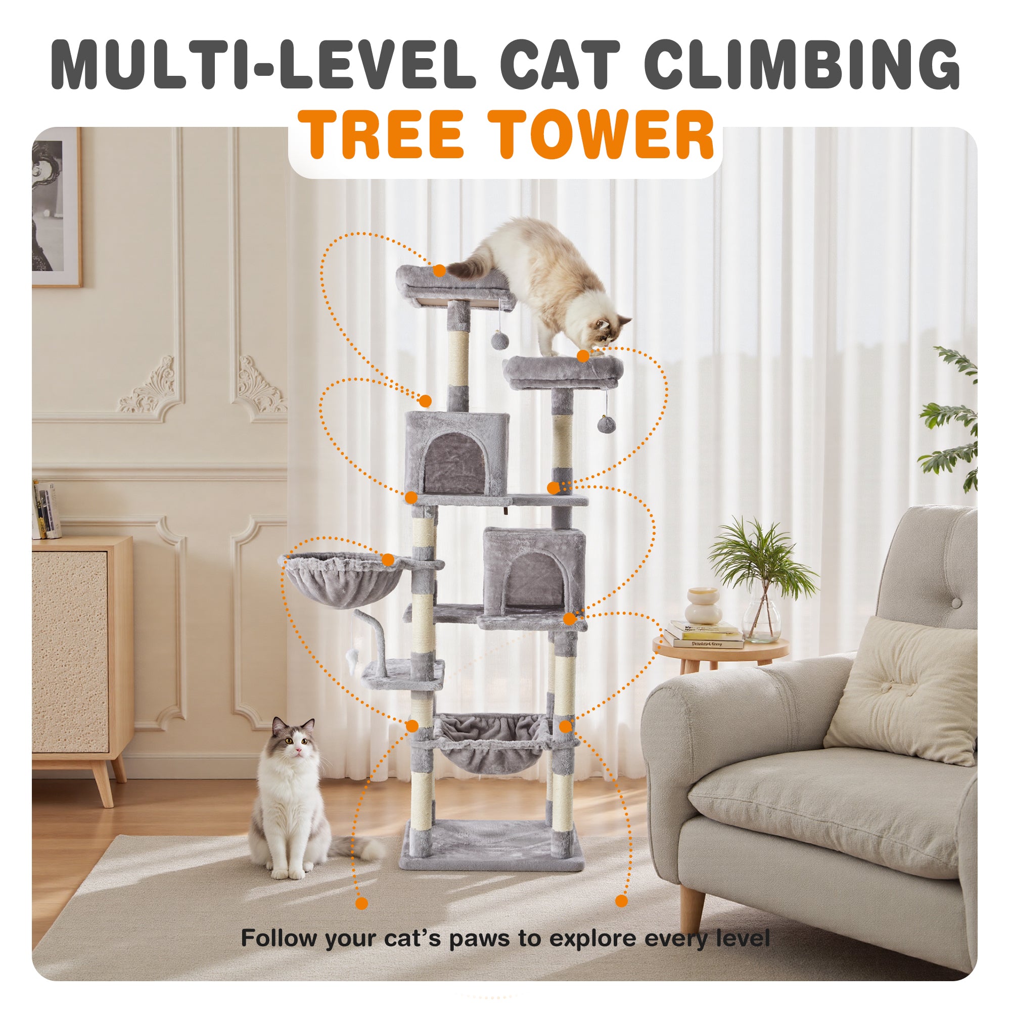 Sweetcrispy 71" Multi-Level Cat Tree, Cat Tower for Indoor Cats