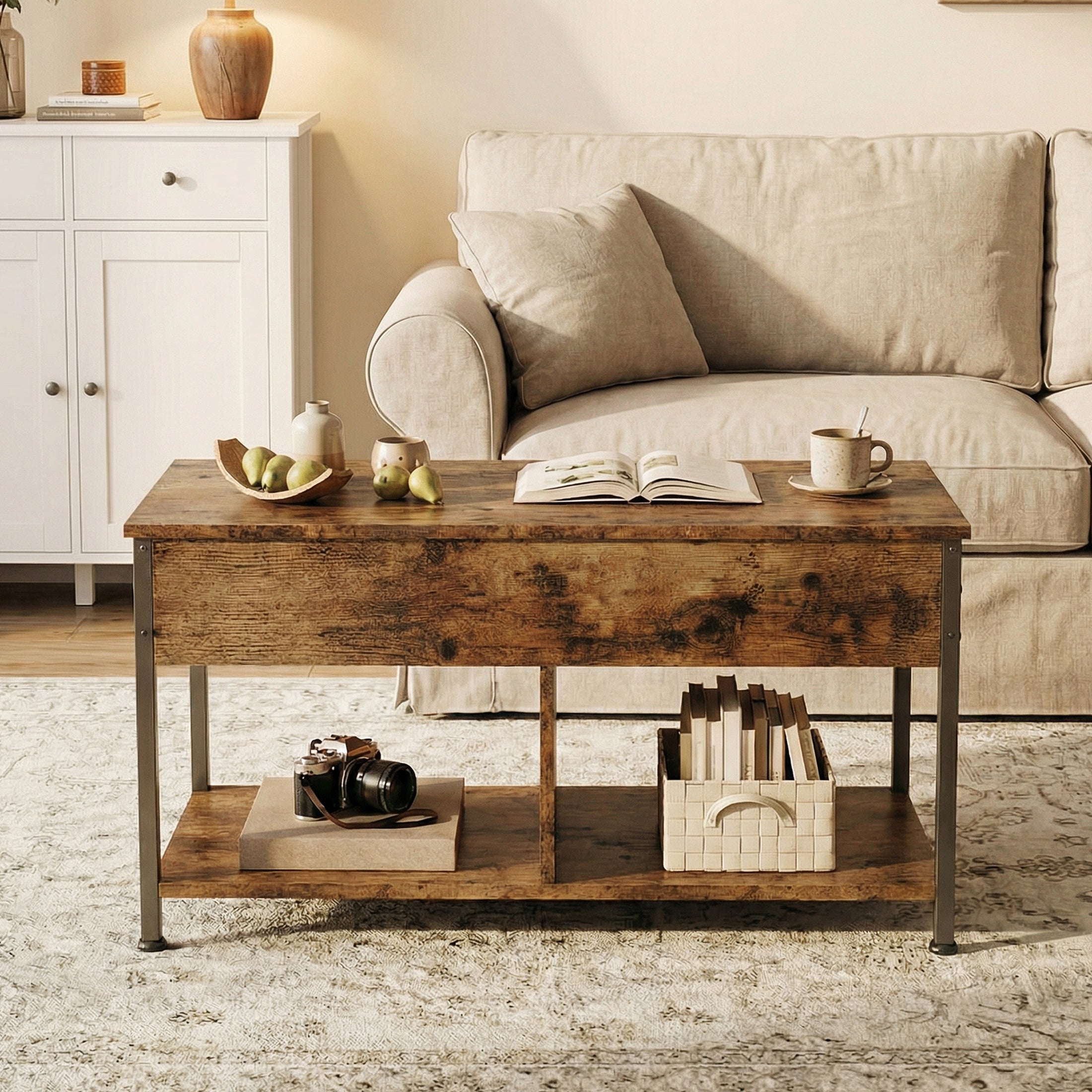 Sweetcrispy Adjustable Lift-Top Coffee Table with Storage for Living R