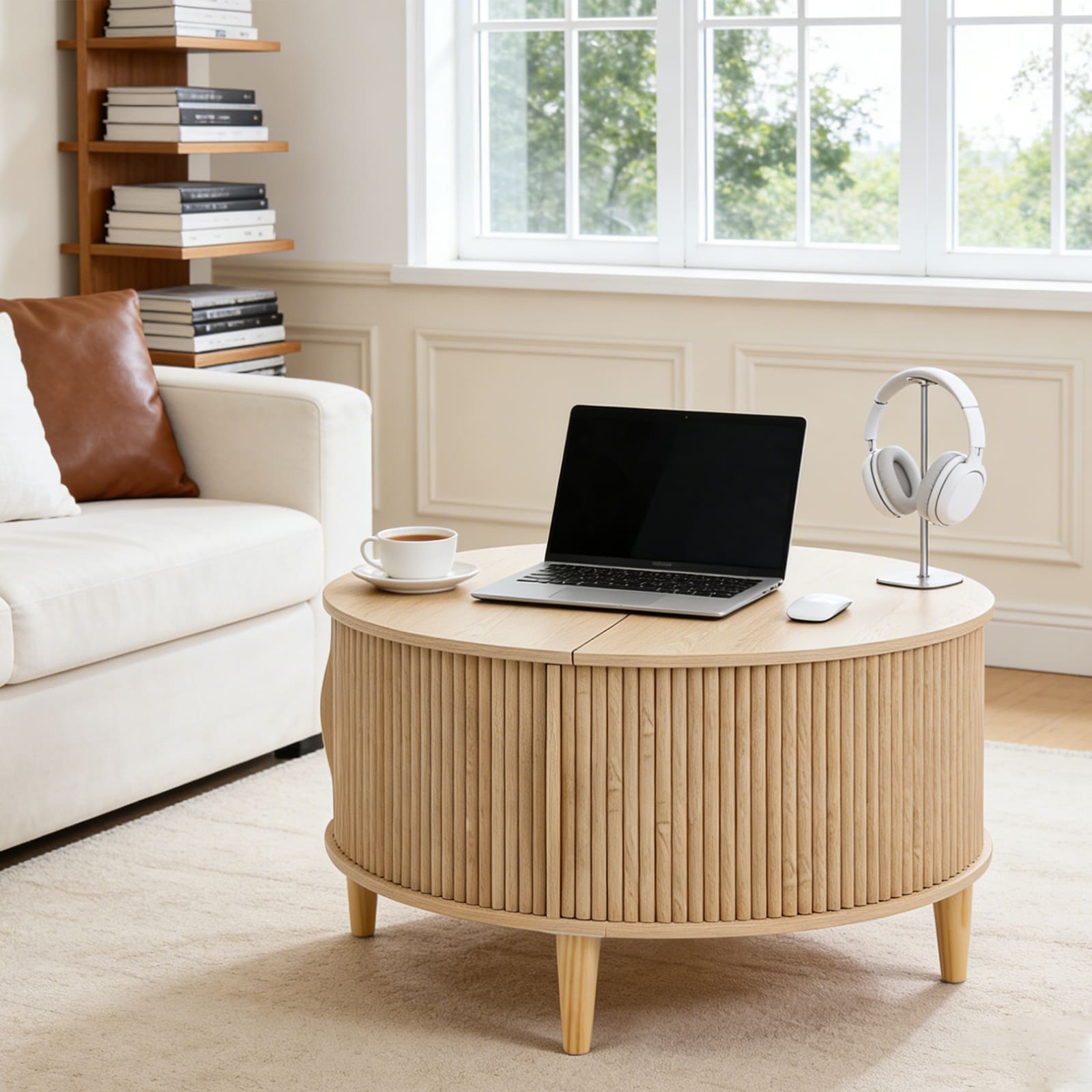 Sweetcrispy Round Flip-Top Coffee Table with Storage, Wood-Look Finish