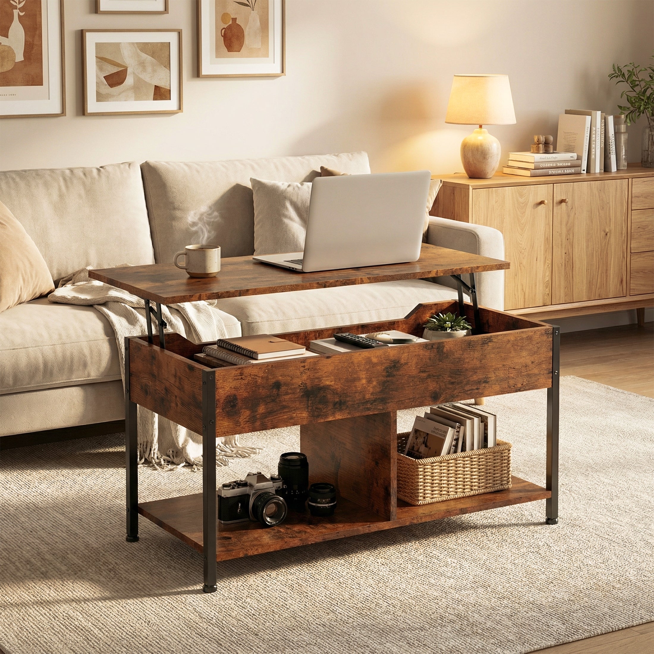 Sweetcrispy Adjustable Lift-Top Coffee Table with Storage for Living R