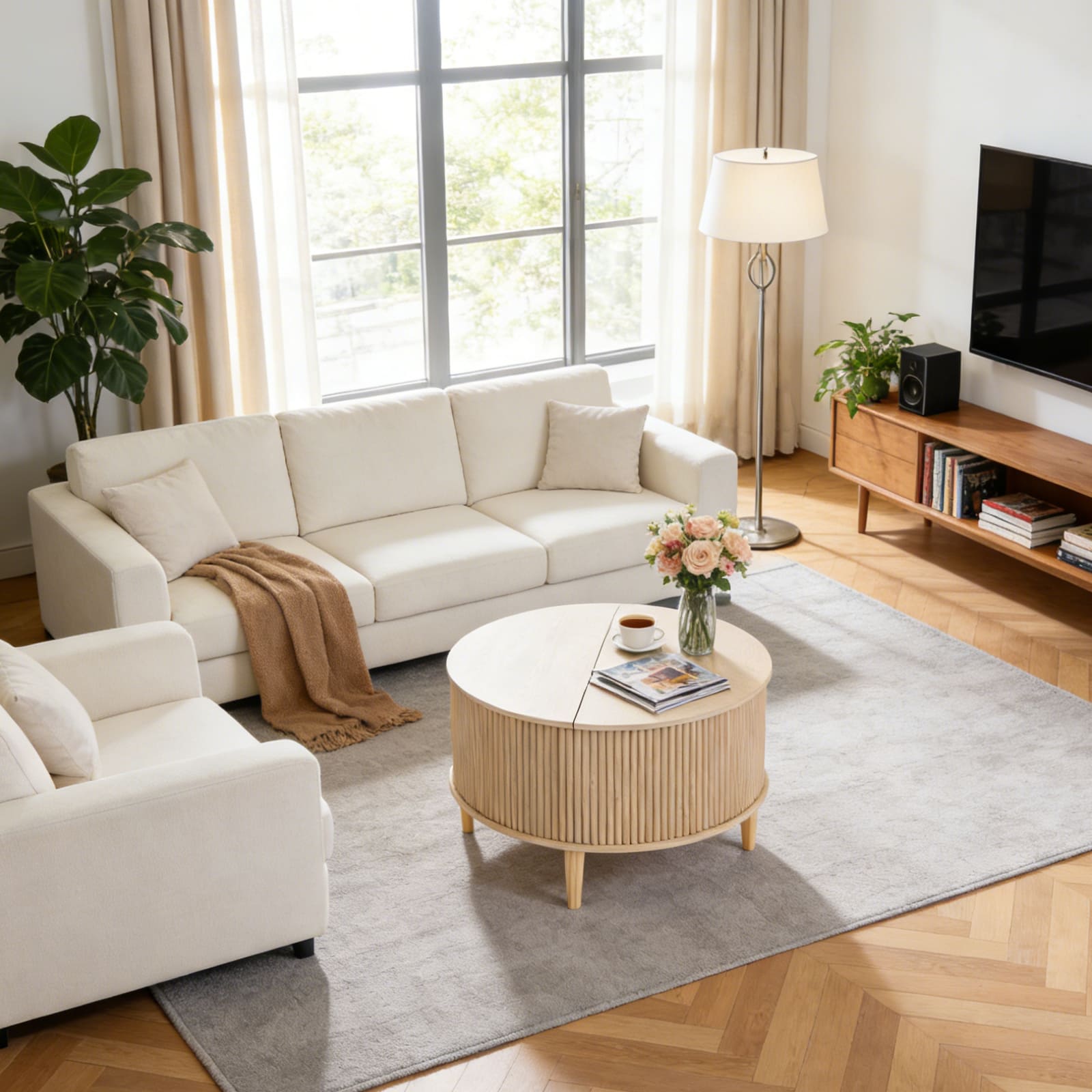 Sweetcrispy Round Flip-Top Coffee Table with Storage, Wood-Look Finish